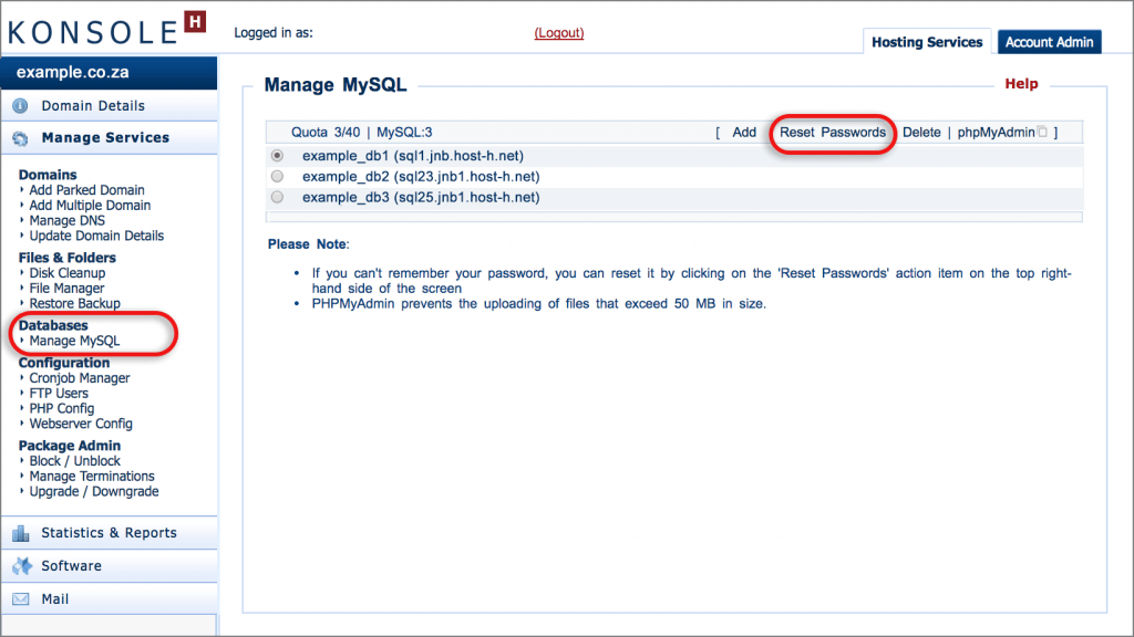 Create and manage a database via konsoleH - xneelo Help Centre