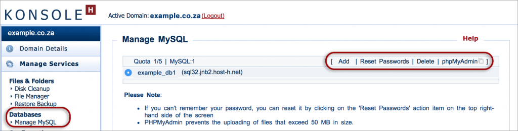 Create and manage a database via konsoleH - xneelo Help Centre