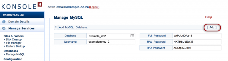 Create and manage a database via konsoleH - xneelo Help Centre